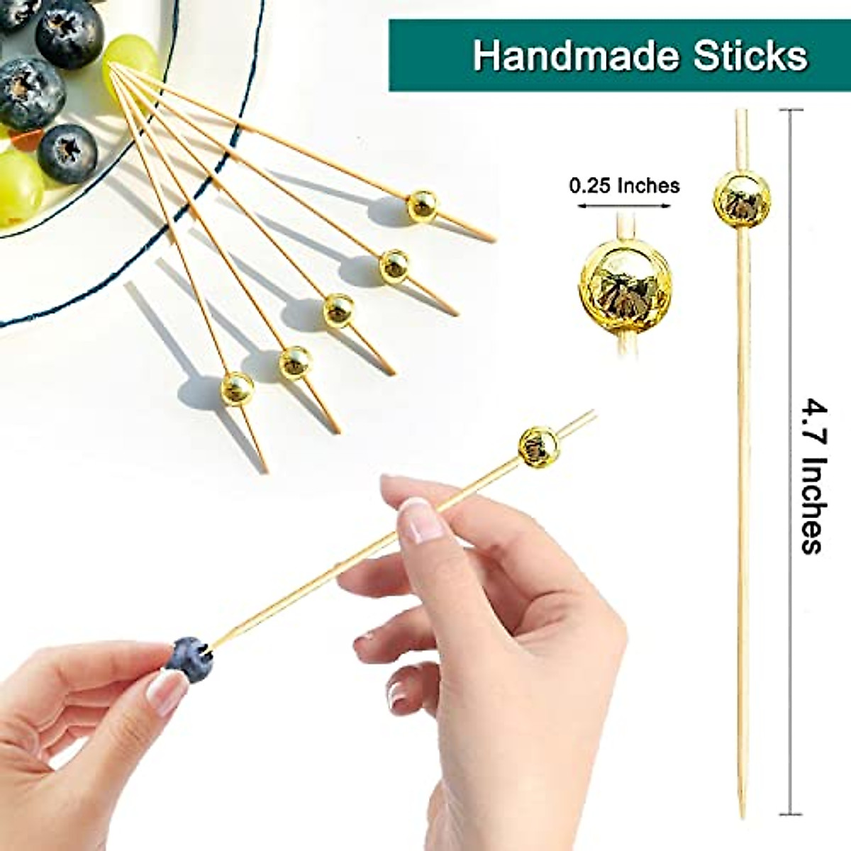 Cocktail Picks,Toothpicks for Appetizers,100 PCS 4.7 Inch Gold Pearl Cocktail Picks for Wedding Party, Decorative Food Picks Fancy Toothpicks for Appetizers, Skewers for Appetizers Charcuterie Cups