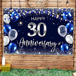 Happy 30th Anniversary Backdrop Banner Decor Navy Blue – Silver Glitter Happy 30 Years Wedding Anniversary Party Theme Decorations for Women Men Supplies