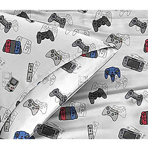 Kids Rule 3-Piece Game Controllers Sheet Set | 1 Twin Flat Sheet, 1 Twin Fitted Sheet & 1 Queen Pillowcase | 100% Softly Brushed Microfiber Polyester | Soft, Smooth & Durable | Ideal for Kids | Grey