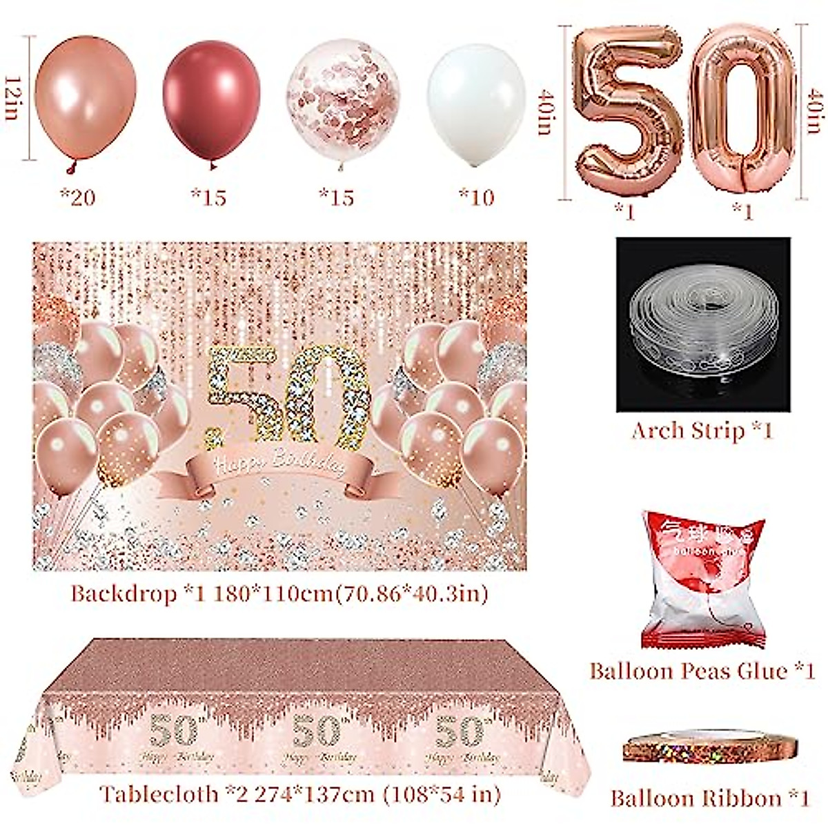 50th Birthday Decorations Women - Rose Gold Happy 50th Birthday Decor Include Balloon Garland Arch Kit,50th Birthday Backdrop,Tablecloth,Number 50 Foil Confetti balloon 50 Years Old Party Supplies