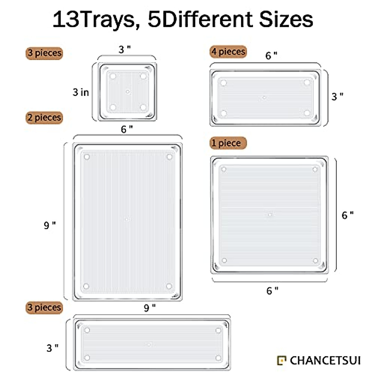 13 Pcs Drawer Organizer Set Clear Plastic Storage Bins Office Desk Drawer Dividers Trays with Non-Slip Silicone Pads, Dresser Separation Box for Makeup, Jewelries and Gadgets, Bedroom, Bathroom