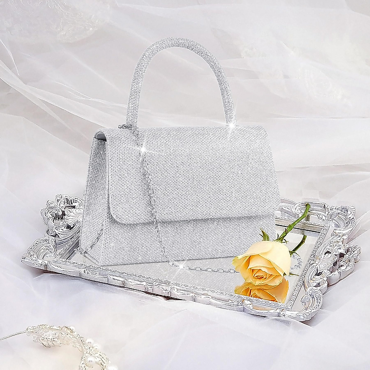 Larcenciel Women's Evening Handbags, Glitter Top Handle Evening Purse w/Chain, Silver Ladies Sequins Shoulder Crossbody Bag, Chic Guest Clutch for Party Prom Wedding Cocktail Club Dating,7.9x2.2x5.3in