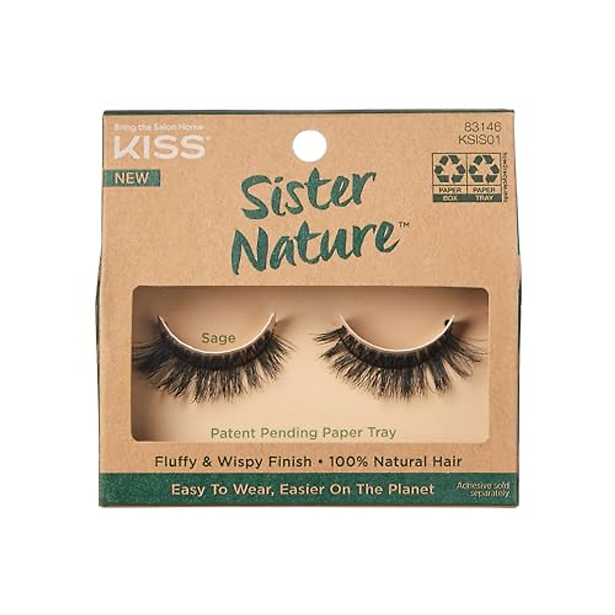KISS Sister Nature False Eyelashes, Sage', 12 mm, 100% Natural Hair, Recyclable Paper Box, Printed with Soy Ink, Cruelty Free, Vegan, Includes 1 Pair of Reusable Strip Lashes