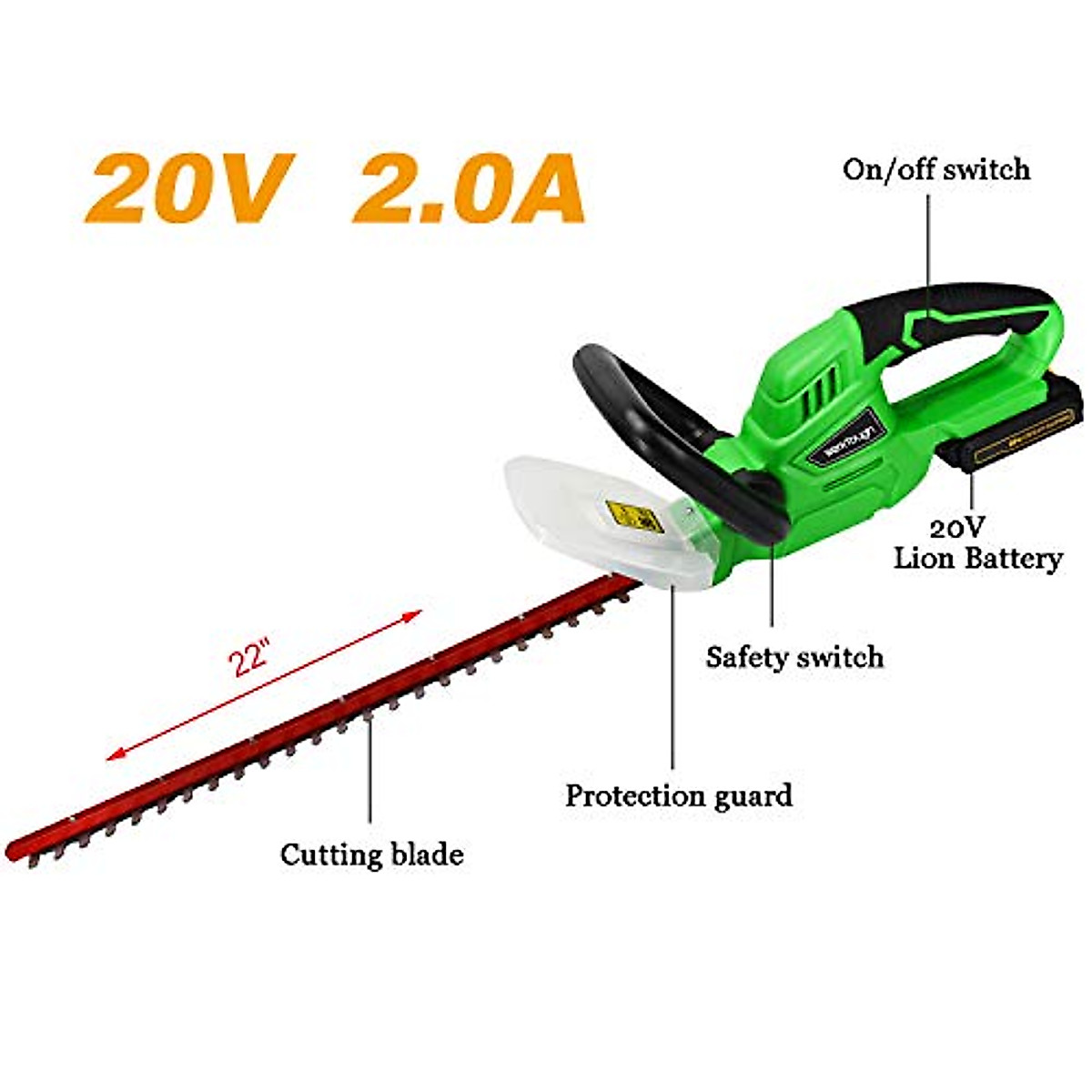 Werktough 20V Cordless Hedge Trimmer Electric Garden Yard Trimmer with 2.0A Battery and Fast Charger HT001