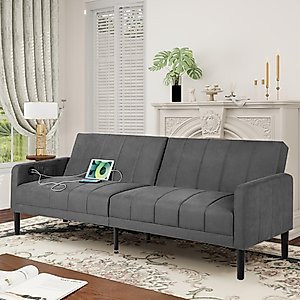 CHYMSUN 82" Convertible Futon Sofa Bed, Comfy Fabric Folding Sleeper Couch Bed w/USB & Adjustable Backrest, 3 in 1 Modern Foldable Recliner Loveseat Futons for Living Room, Apartment, Office (Grey)