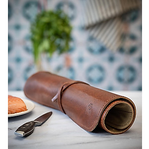 Angus Stoke Knife Bag made of genuine buffalo Leather & Canvas - Chef's Knife Roll Case for Cooking, Camping & BBQ - Knives storage bag Nate (brown)