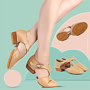 HIPPOSEUS Women's T-Strap Leather Jazz Shoes Tan Teaching Dance Shoes for Dance Class with Split Sole,Model LG59,US 7