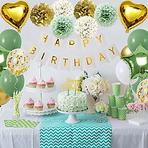 Rabbmall Sage Green Birthday Decorations for Women Girls Gold and Green Party Decor Set with Happy Birthday Banner and Balloons, Sash and Crown, Curtains, Balloon Decorations Kit