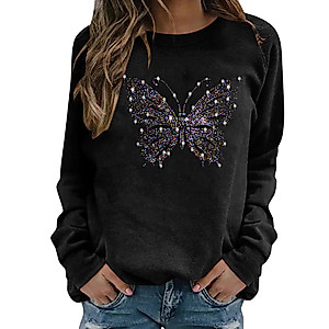 Front Botton Blouses Women Womens Sweatshirt Trendy Graphic Printed Long Sleeve Sweatshirts Crew Neck Winter Pullovers Cute Tees(Black-1,Large)