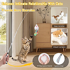 Janbenty 4-in-1 Interactive Cat Feather Toys Durable Retractable Fishing Pole Cat Toy Enhanced Suction Cup Cat Catnip Toy 14 Wand Replacement Door Hanging Cat String Toy for Bored Indoor Kitten
