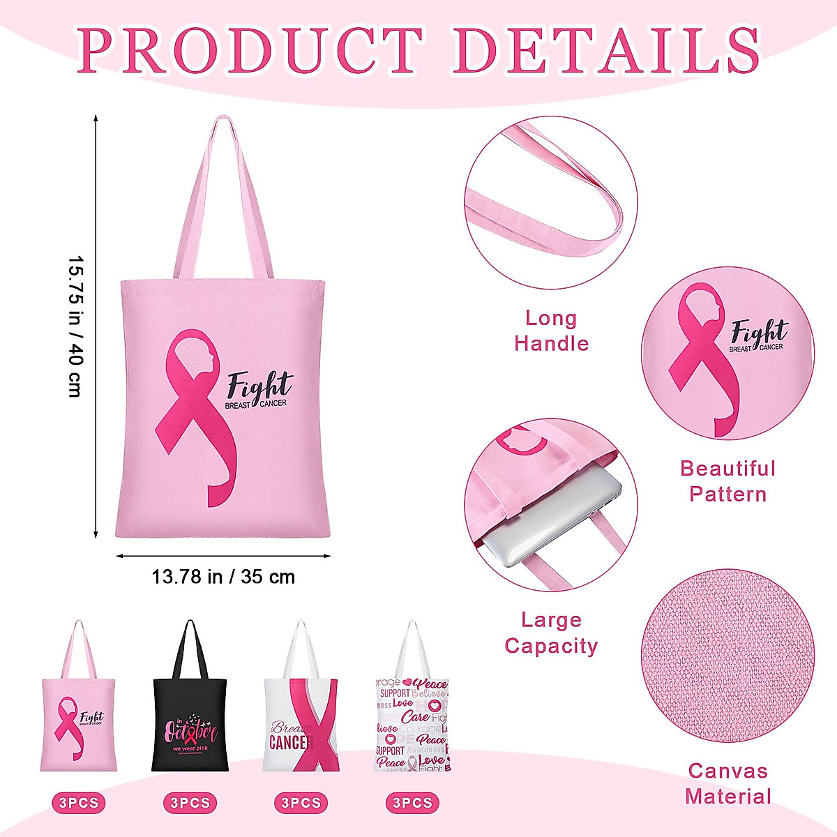 Silkfly 12 Pcs Breast Cancer Awareness Gift Canvas Tote Bags with Handles Pink Ribbon Bags Reusable Grocery Shopping Party Cloth Handbags Washable Craft, 13.78 x 15.75 In