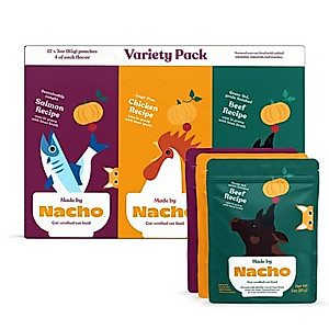 Made by Nacho Wet Cat Food Variety Pack, Cage-Free Chicken, Sustainably Caught Salmon, Grass-Fed Beef with Bone Broth for Extra Hydration, (12) 3 oz Pouches