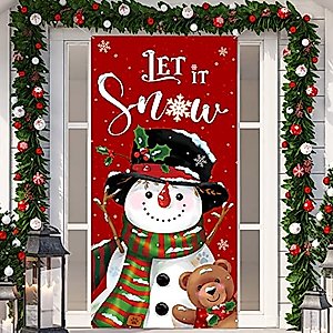 Christmas Snowman Door Cover Red Christmas Welcome Door Decoration Backdrop Let It Snow Front Door Hanging Banner Backdrop for Xmas Holiday Party Supplies Home Indoor Outdoor Door Decor, 71 x 35 Inch