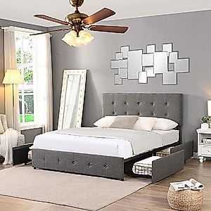 Full Size Linen Upholstered Platform Bed Frame with 4 Storage Drawers and Adjustable Button Headboard, Modern Soft Tufted Bed for Boys Girls Adults, Wooden Slats Support, No Box Spring Needed (Full)