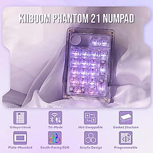 KiiBoom Phantom 21 Hot Swappable Crystal Acrylic Numpad, BT5.0/2.4GHz/USB-C Triple Mode NKRO Programmable Numeric Keypad with Knob, South-Facing RGB, 1900mAh Battery for Win/Mac (Purple)