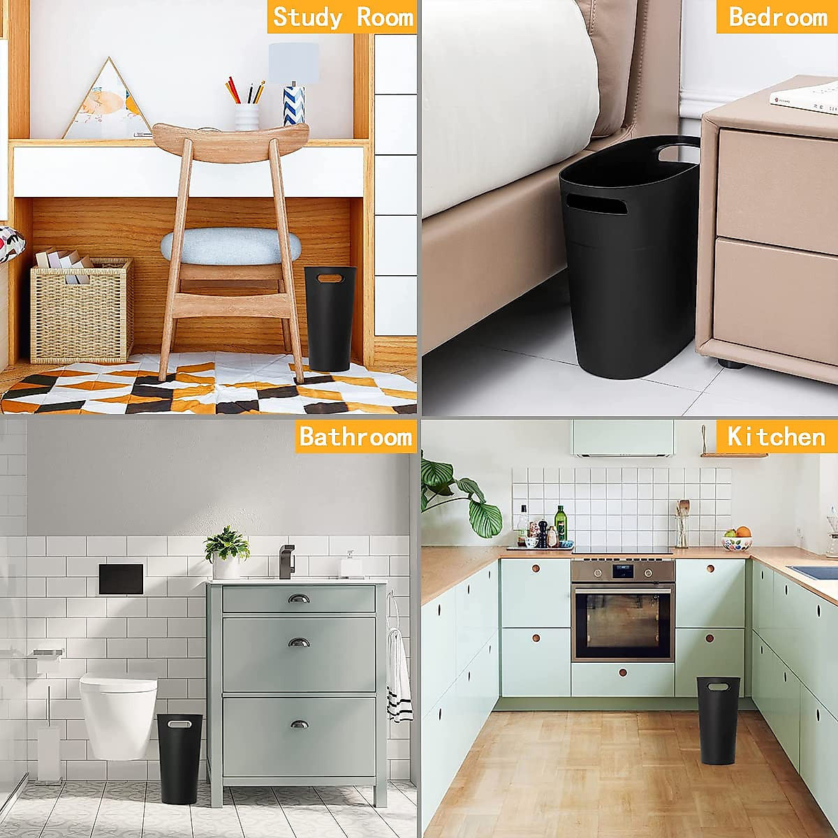 LOSYHU 3.2 Gallon Slim Waste Basket, Black, 2 Pack, Plastic Small Trash Can with Handles, 12L Capacity