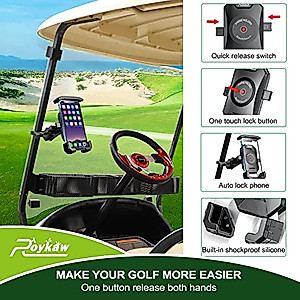 Roykaw Golf Cart Phone Mount Holder for iPhone/Galaxy/Google Pixel/Motorola & GPS SkyCaddie SX400, SX500 - Fit for EZGO, Club Car, Yamaha, ICON, Advanced EV, Upgrade Quick Release & One-Touch Lock