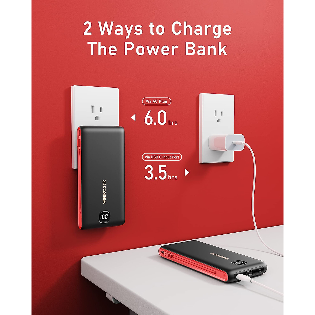 VEEKTOMX Portable Charger with Built in Cables 22.5W 10000mAh, Power Bank for iPhone with AC Wall Plug, Fast Charging USB C Slim Battery Pack with LED Display Compatible with iPhone15/14/13, Samsung