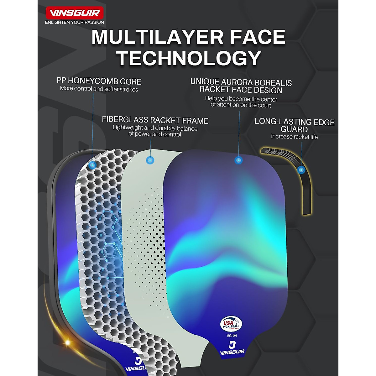 VINSGUIR Pickleball Paddles Set of 4, USAPA Approved Fiberglass Pickleball Set with 4 Pickle Balls, Lightweight Carrying Bag, Pickleball Gifts for Beginners & Pros (4 Rackets)