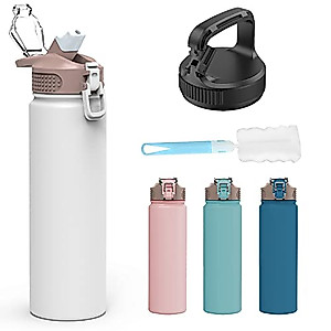 Insulated Water Bottle with Straw 25 oz Stainless Steel Water Bottles BPA-Free Leak Proof Double Wall Vacuum Metal Water Bottle with 2 Lids for Biking Hiking Camping-WHITE