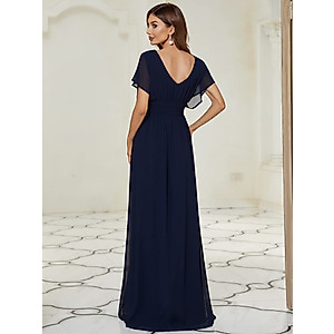 Ever-Pretty Women's Elegant Formal Dress V-Neck Short Sleeve Chiffon Long Mother of The Bride Dresses Navy Blue US12