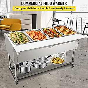 Commercial Electric Food Warmer | 4-Pot Steam Table with 2 Lockable Wheels | Food-Grade Stainless Steel | ETL Certified for Catering and Restaurants
