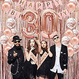 30th Birthday Decorations for Women, Rose Gold 30 Birthday Decorations for Her, Happy 30th Birthday Banner, Crown, Sash, Cake Topper and Number Balloon, 30th Birthday Party Supplies for Women