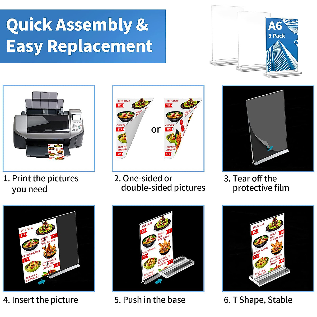 Acrylic Sign Holder 4x6 Inch, 3 Pack Sign Holders Vertical , Double Sided Display Clear TableTop Sign Holder, Acrylic Paper Holder for Wedding Reception, Party Decoration, Numbers Picture Frames