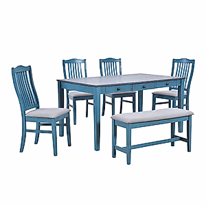Merax Mid-Century 6-Piece Wood Dining Table Set with Drawer, 4 Upholstered Chairs and Bench, Antique Blue