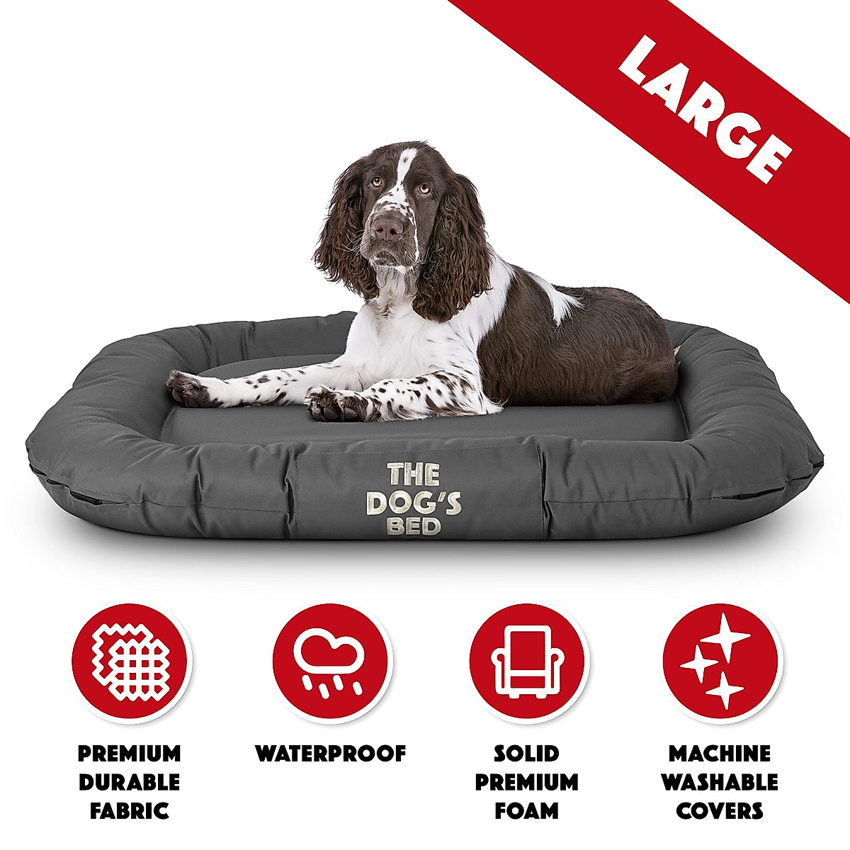 The Dog’s Bed Utility Waterproof Dog Bed, Large, Durable Grey Oxford Fabric, Tough YKK Zippers, Washable Reversible Cover, Dog Beds for Home Car Crate & Yard, Puppy & All Pet Comfort