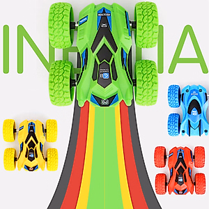 CLeternal Pull Back Cars, 4 Pack Monster Toys Truck Double-Sided Friction Powered Vehicles Flips Shockproof Inertia Cars Push and Go Vehicles for Kids Christmas Party Gift