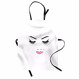 Ambesonne Eyelash Apron, Closed Eyes Pink Lipstick Glamor Makeup Cosmetics Beauty Feminine Design, Unisex Kitchen Bib with Adjustable Neck for Cooking Gardening, Adult Size, Fuchsia Black White
