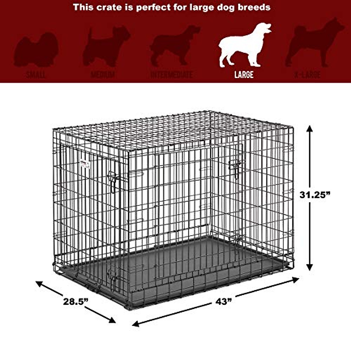 MidWest Homes for Pets Ultima Pro Series 42' Dog Crate | Extra-Strong Double Door Folding Metal Dog Crate w/Divider Panel, Floor Protecting 'Roller Feet' & Leak-Proof Plastic Pan