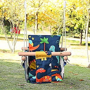Nuewec Baby Canvas Swing Seat with Soft Cotton Cushions, Hanging Indoor Swing for Outdoor and Indoor for Toddler Boys and Girls, Carabiners and Straps, Mounting Hardware Included (Dinosaur Design)