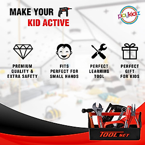 Playkidz Tool Box for Kids 22-Piece Boys & Girls Construction Toy Playset w/Carry Chest, Working Push Button Power Drill, Hammer, Screwdriver, Wrench, Pliers, Saw & Other Realistic Tools Ages 3+