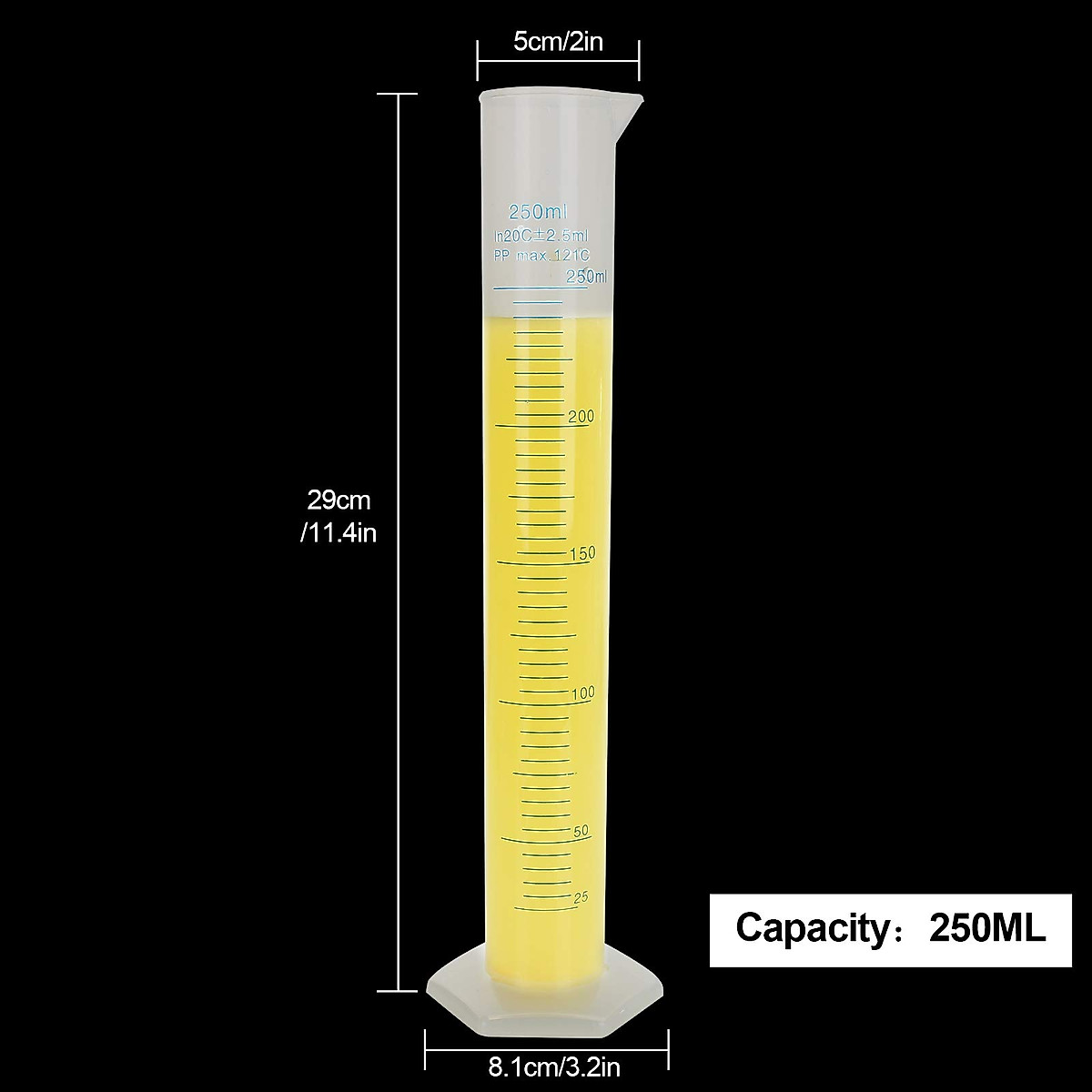 5pcs Measuring Cylinder 250ml Hexagonal Base Transparent Plastic Graduated Cylinder（Blue Scale） Premium Polypropylene 250ml Science Measuring for Lab Test Tube