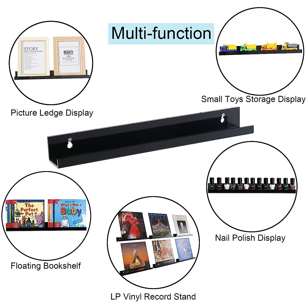 Sooyee 6 Pack Book Shelves,15 Inch Floating Shelf Display Shelf,Acrylic Shelves for Wall,Reading Nook,Funko Pop Display Case,Corner Floating Shelves Black