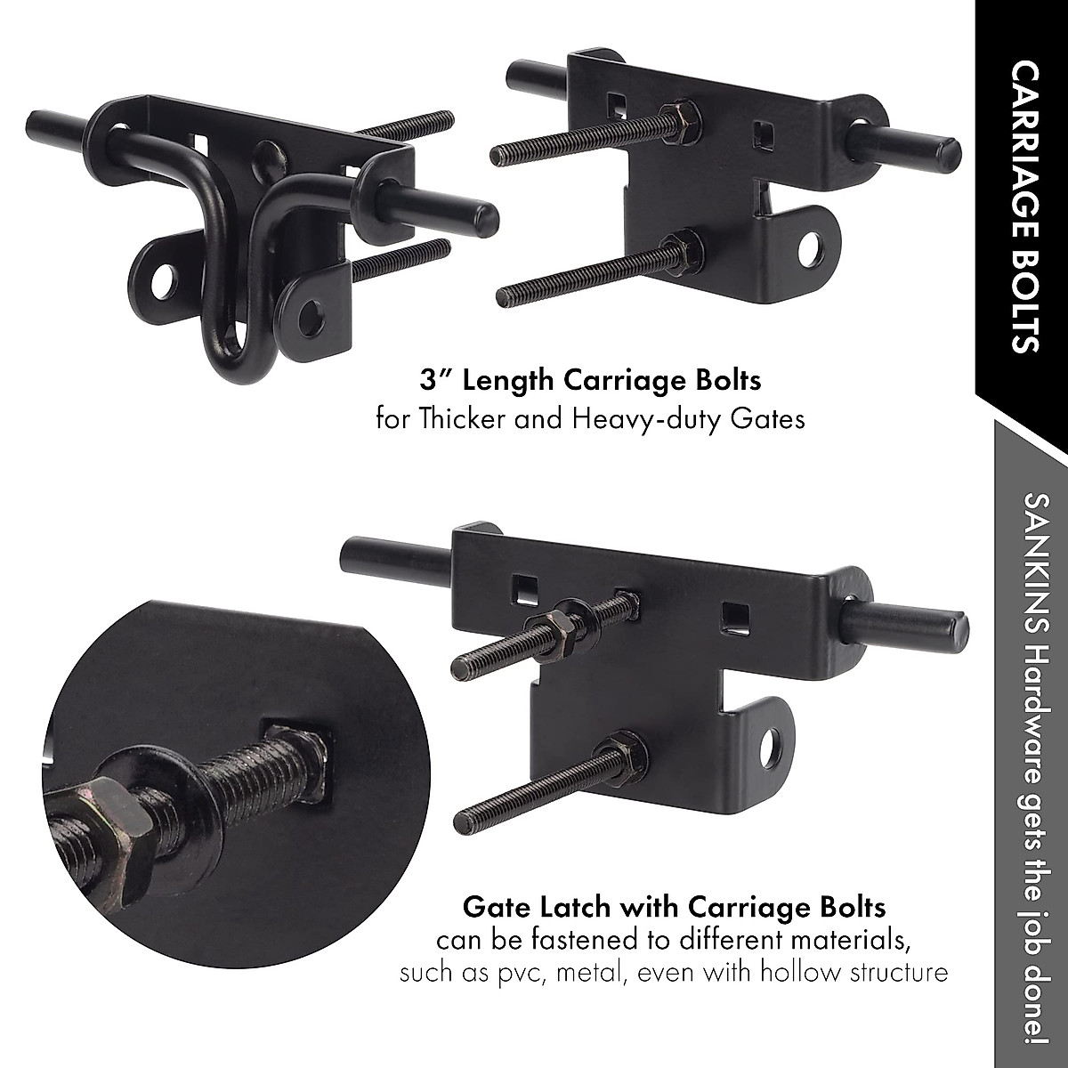 SANKINS Slide Bolt Gate Latch,Sliding Bolt Door Lock with Padlock Hole, Heavy Duty Hardware Gate Latch for Wooden Fence,shed Door,Yard Door,Barn Door,Outdoor Latch| Solid Thickened Steel,Black