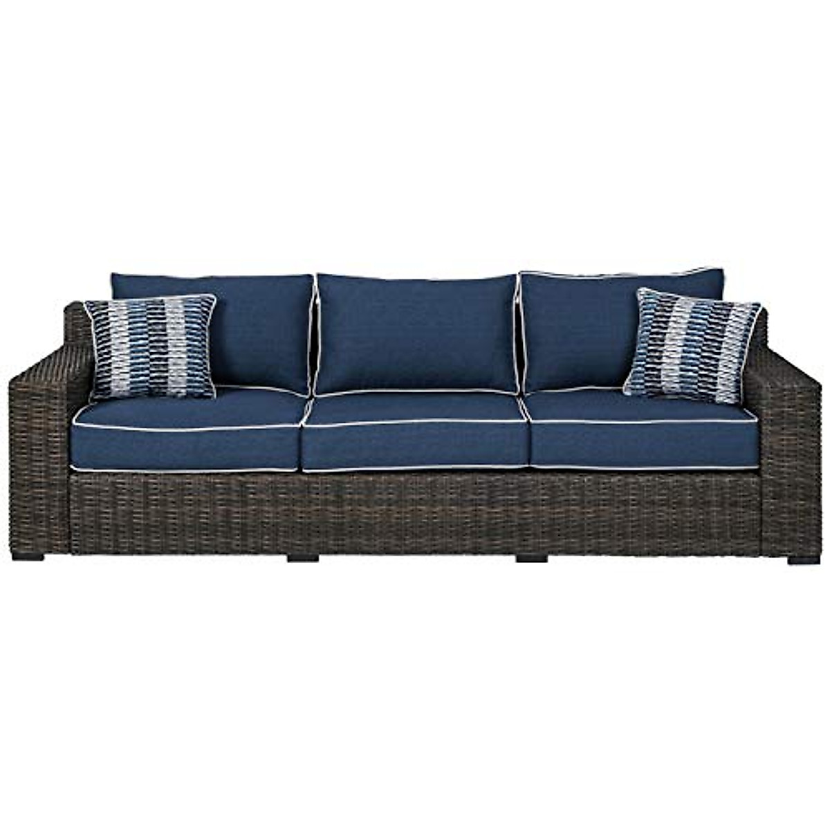 Signature Design by Ashley Grasson Lane Outdoor Patio Wicker Sofa with Cushion and 2 Pillows, Brown & Blue