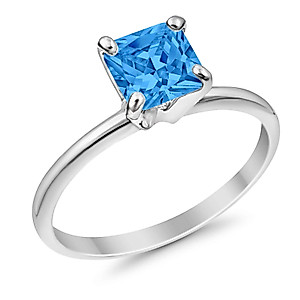 Blue Topaz CZ-Size-7 Princess Cut Solitaire Minimal Elegant Design Wedding Engagement Ring Cubic Zirconia 925 Sterling Silver