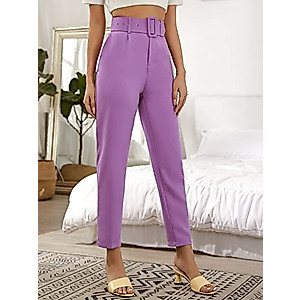 SweatyRocks Women's High Waist Suit Pants Belted Crop Pencil Pants with Pockets Lilac Purple M