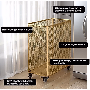 Square Rolling Hamper, Laundry Basket with Wheels and Handle, Metal Laundry Basket with 360° Wheels, Iron Construction and Ventilated Design, Laundry Room Storage Basket(Gold)