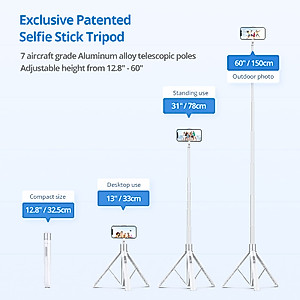 ATUMTEK 60" Selfie Stick Tripod, All in One Extendable Phone Tripod Stand with Bluetooth Remote 360° Rotation for iPhone and Android Phone Selfies, Video Recording, Vlogging, Live Streaming, White