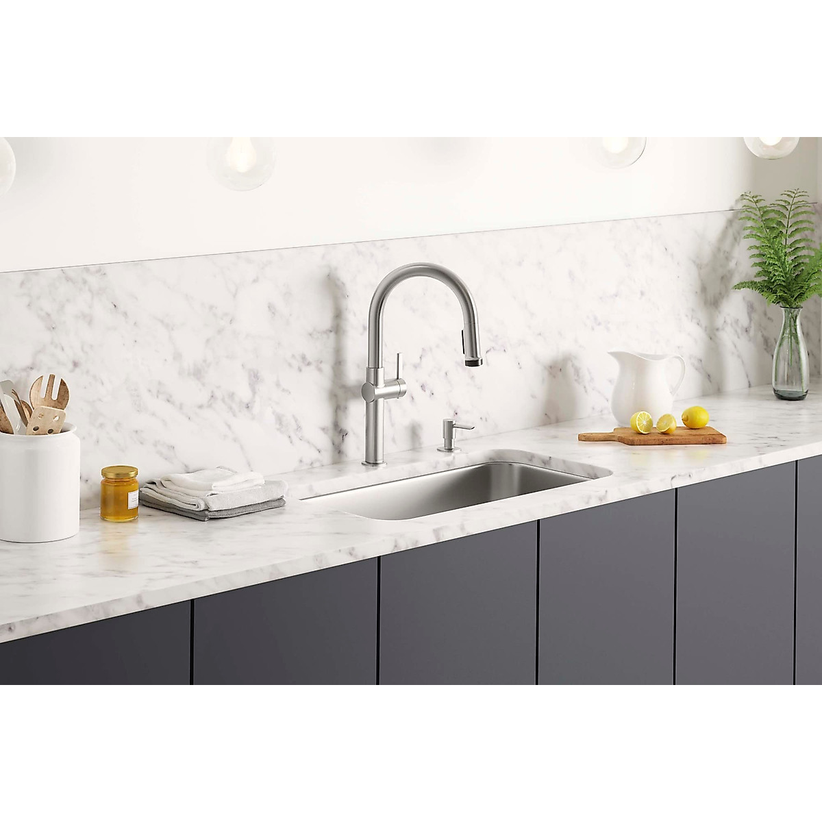 Kohler R22153-SD-VS Rune Single Handle Kitchen Faucet with Pull Down Sprayer and Soap Dispenser, Vibrant Stainless