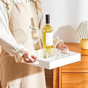 MUKEEN Glossy White Acrylic Serving Tray with Handles, 12x12x2H Inches - Spill Proof, Decorative Trays for Countertop, Ottoman Coffee Table, Nightstand, Breakfast, Tea, Food