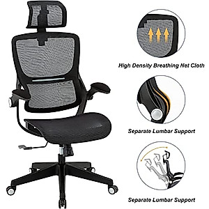 Office Chair Ergonomic Desk Chair - Curved Linear Mesh Seat Lumbar Support HighBack Computer Chair with Headrest Flip-up Armrests, Adjustable Height & Tilt Home Chairs, Swivel Executive Task Chair