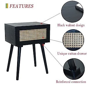 AWASEN Mid Century Nightstand with Drawer, Rattan Side Table for Living Room, Bedroom and Small Space, Solid Wood Legs & Natural Rattan Bedside Table, Easy Assembly (Black)