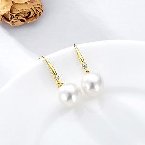 FENCCI 14K Real Gold Pearl Dangle Earrings for Women, Freshwater Cultured Pearl Drop Earrings with Moissanite Diamond Birthday Mothers Day Gift for Mom Wife Girlfriend