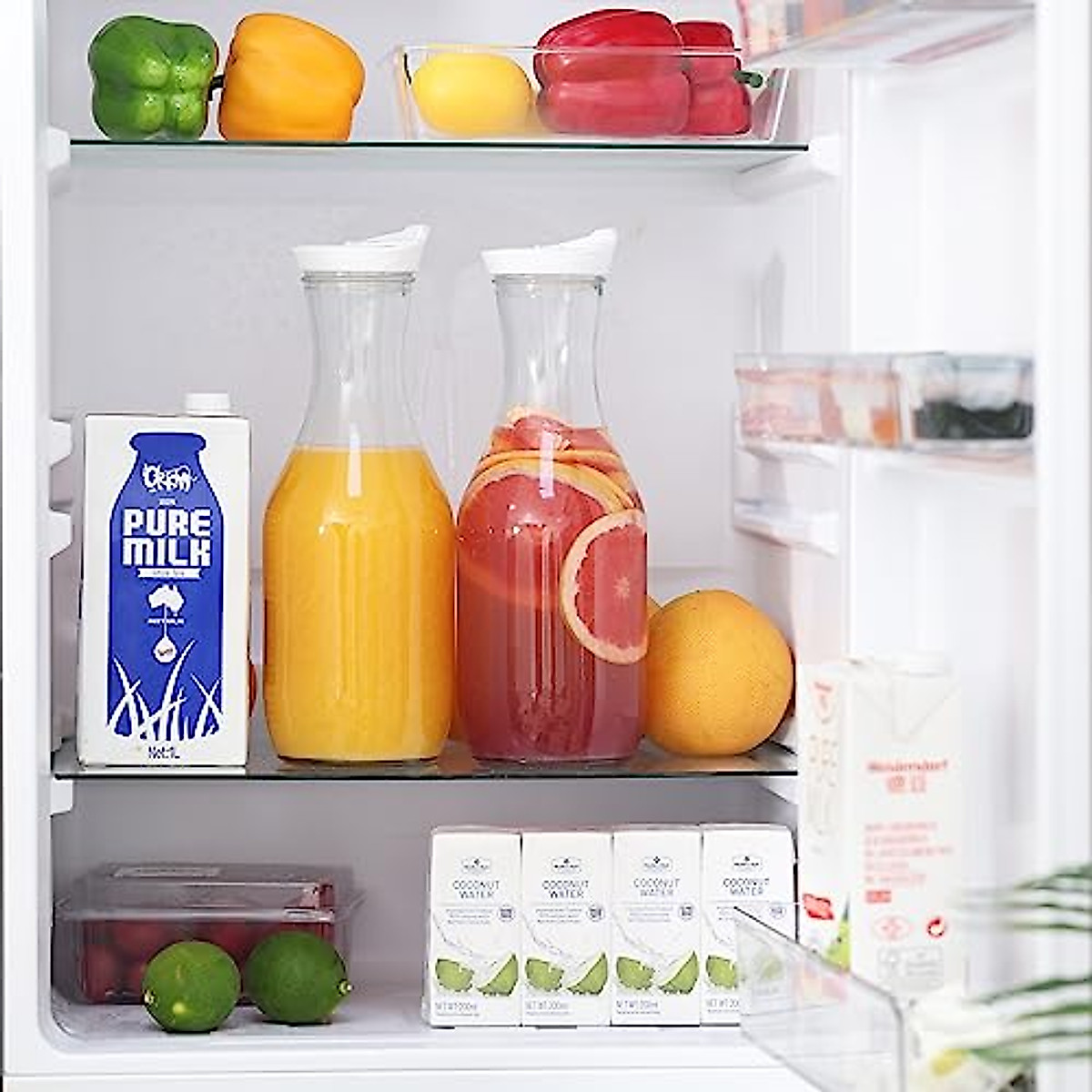 CUCUMI 3pcs 50oz Glass Carafe with Lids, 1.5 Liter Glass Water Pitcher Juice Containers Beverage Jugs for Mimosa Bar, Brunch, Cold Beverage