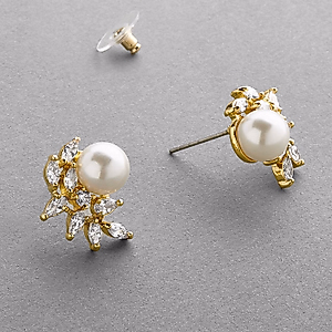 Mariell Soft Ivory Pearl & Gold Marquis Cluster Cubic Zirconia Crystal Wedding Earrings for Bride, Bridesmaids & Mother of the Bride